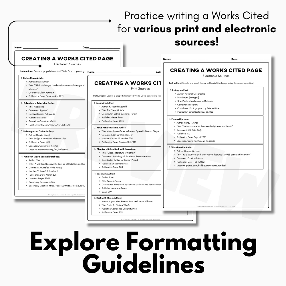Works Cited MLA Citations Unit – Worksheets & Activities