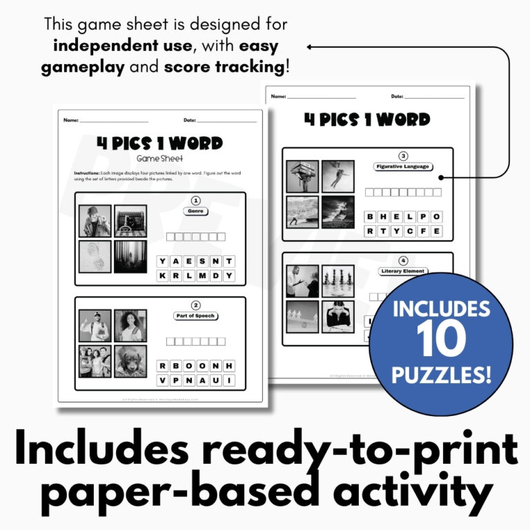 4 Pics 1 Word Review Game – Slideshow & Worksheet Template