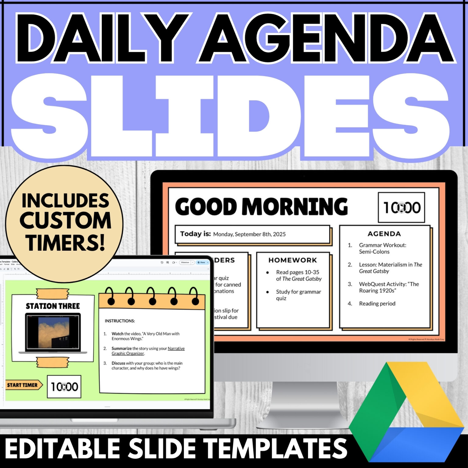 Daily Agenda Slides with Timers for Google Classroom