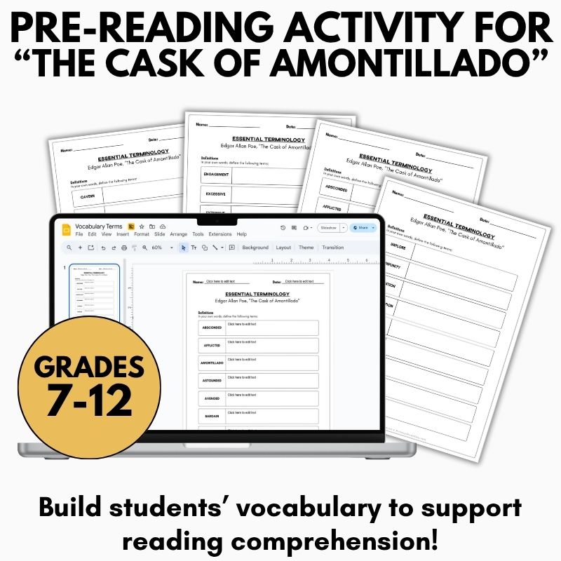 Cask of Amontillado Vocabulary Worksheets | Pre-Reading
